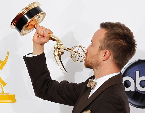 Aaron Paul And His Emmy From 2012 Emmys Stars Kissing Each Other E News